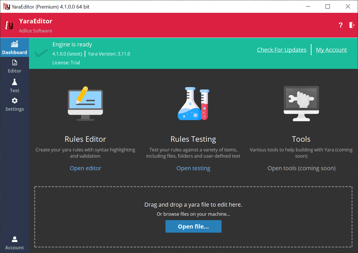 YaraEditor | Documentation : Dashboard • Adlice Software